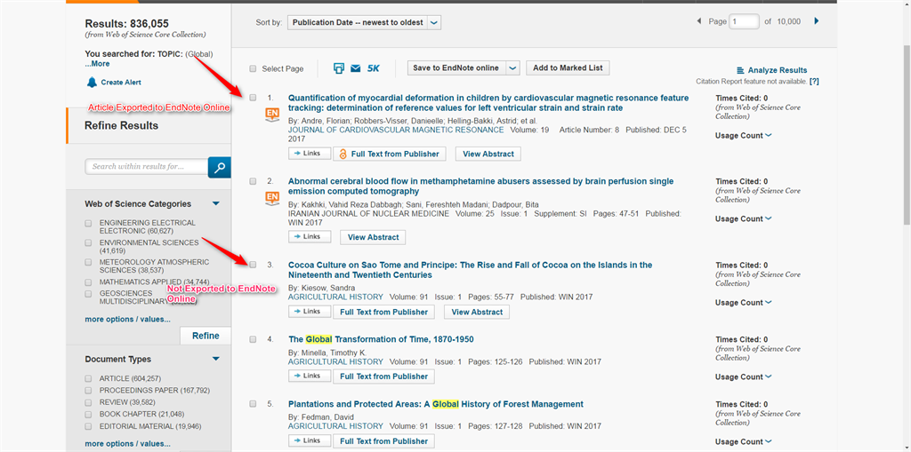 EndNote online: Icon visibility in Web of Science
