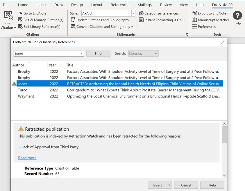 EndNote 20: CWYW Retraction Alerts