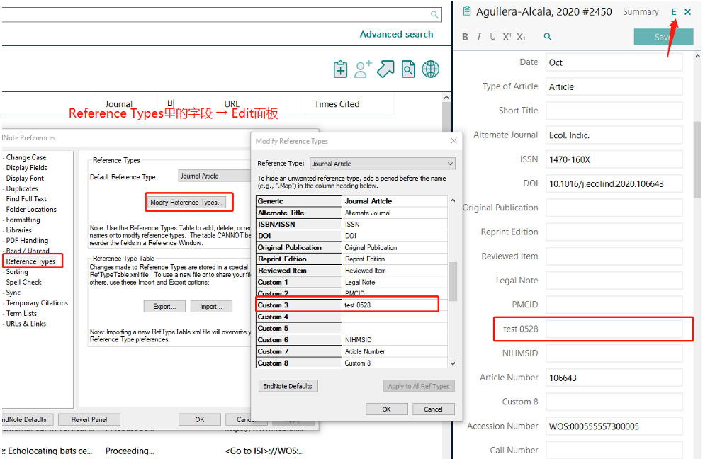 EndNote: 修改或自定义Reference type和Display fields后分别显示在哪个位置？