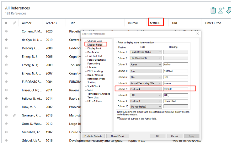 EndNote: 修改或自定义Reference type和Display fields后分别显示在哪个位置？