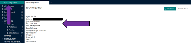 EndNote: Showing Sync Configuration instead of Sync Status