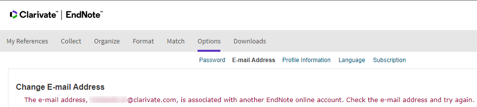 EndNote online: Changing e-mail address