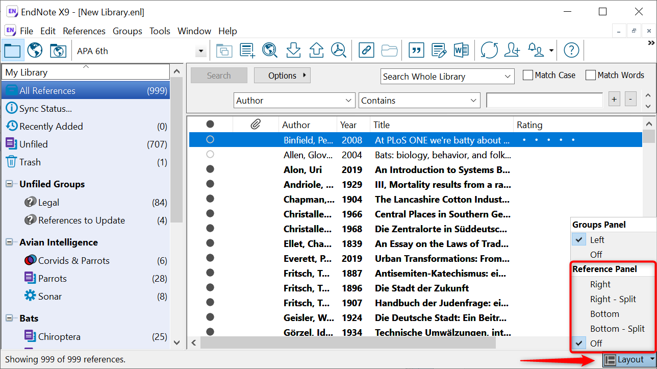 EndNote: The reference panel in the library is missing