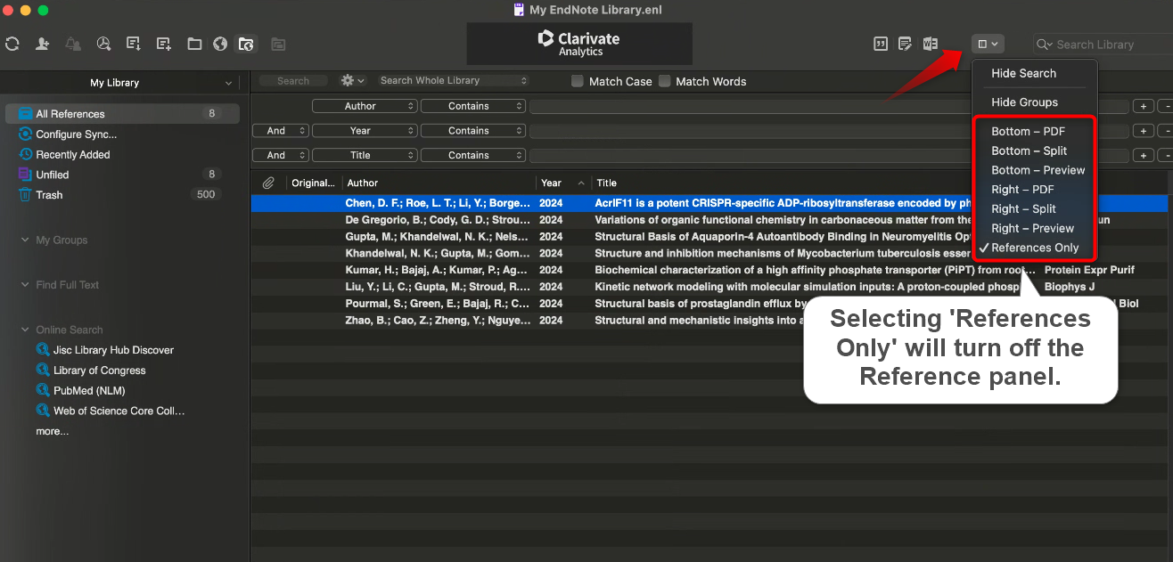 EndNote: The reference panel in the library is missing
