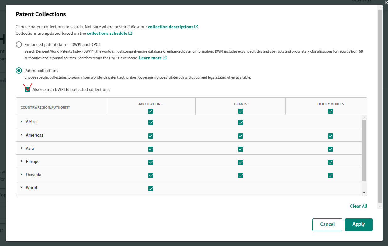Derwent Innovation: 검색 필드 목록 중 DWPI 필드를 찾을 수 없는 경우