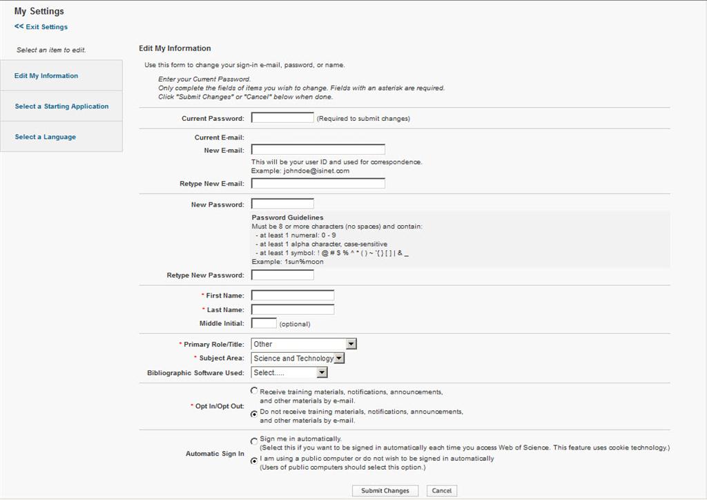 Web of Science: How to change your user profile password