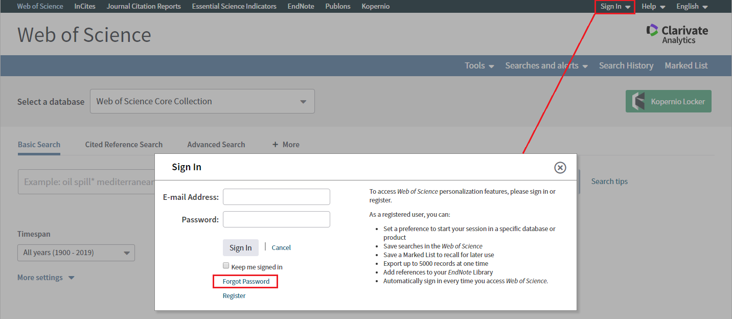 Web of Science: How to reset a forgotten password for your profile